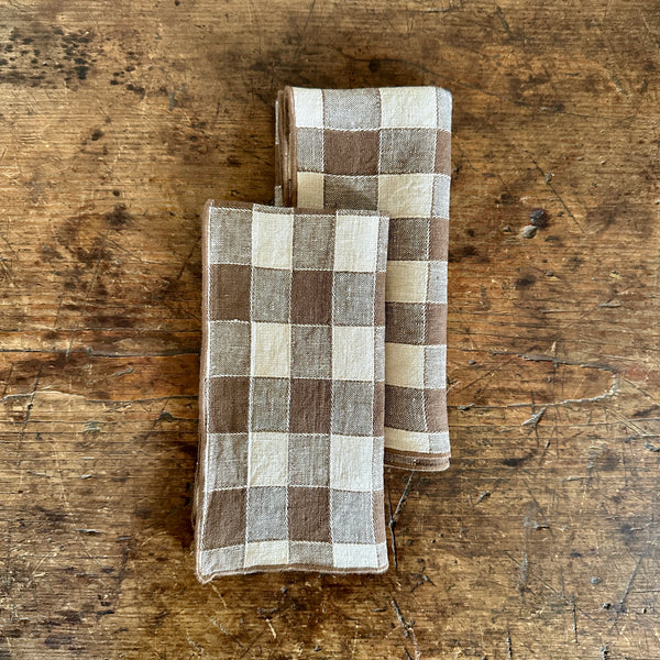 Chocolate Brown Linen Check Napkins - Set of Two - Larger Cross